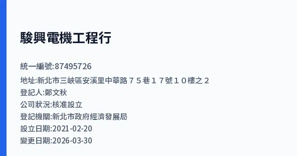 駿興電機工程行的照片-統編 87495726(新北市) 公司登記資料與營業項目詳細圖表