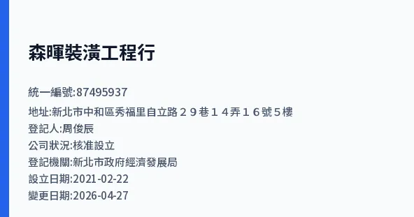 森暉裝潢工程行的照片-統編 87495937(新北市) 公司登記資料與營業項目詳細圖表