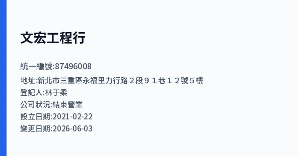 文宏工程行的照片-統編 87496008(新北市) 公司登記資料與營業項目詳細圖表