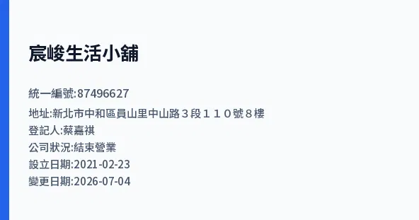 宸峻生活小舖的照片-統編 87496627(新北市) 公司登記資料與營業項目詳細圖表