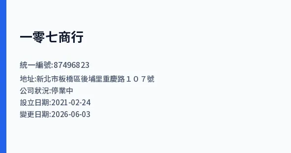一零七商行的照片-統編 87496823(新北市) 公司登記資料與營業項目詳細圖表