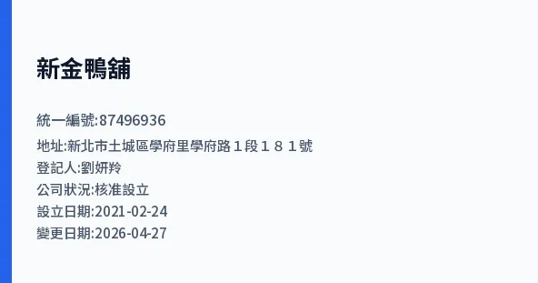 新金鴨舖的照片-統編 87496936(新北市) 公司登記資料與營業項目詳細圖表