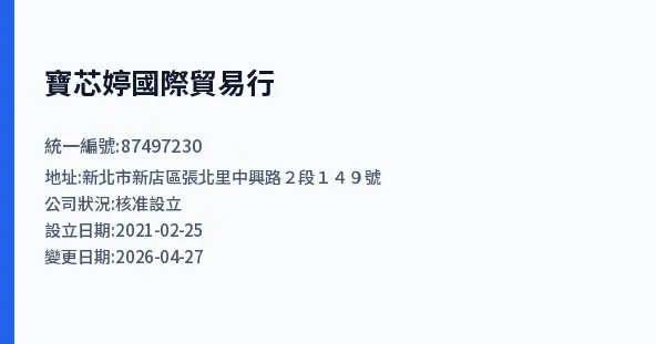 寶芯婷國際貿易行的照片-統編 87497230(新北市) 公司登記資料與營業項目詳細圖表