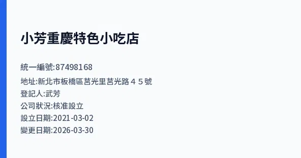 小芳重慶特色小吃店的照片-統編 87498168(新北市) 公司登記資料與營業項目詳細圖表