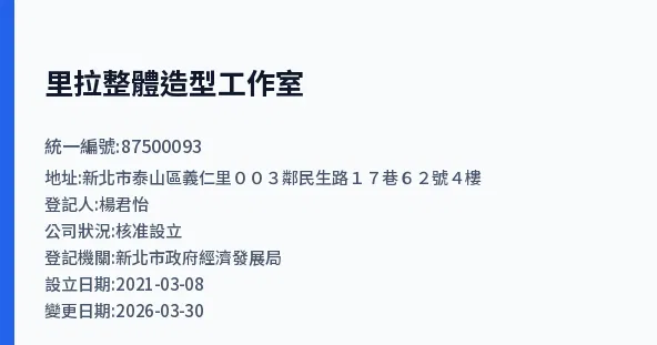 里拉整體造型工作室的照片-統編 87500093(新北市) 公司登記資料與營業項目詳細圖表