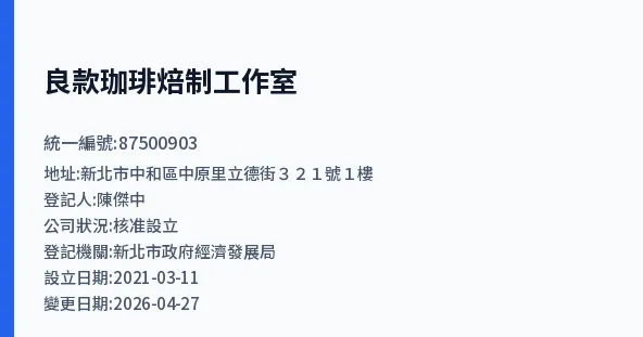良款珈琲焙制工作室的照片-統編 87500903(新北市) 公司登記資料與營業項目詳細圖表