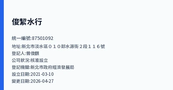 俊絜水行的照片-統編 87501092(新北市) 公司登記資料與營業項目詳細圖表