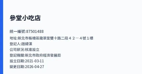 參堂小吃店的照片-統編 87501488(新北市) 公司登記資料與營業項目詳細圖表