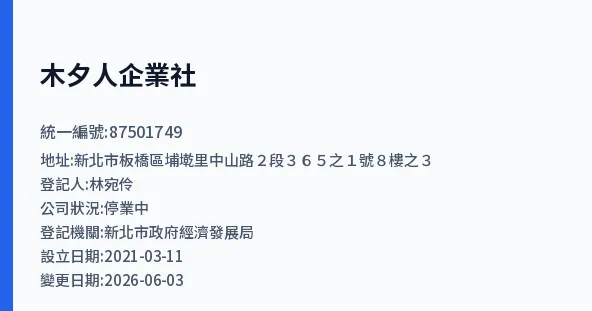木夕人企業社的照片-統編 87501749(新北市) 公司登記資料與營業項目詳細圖表