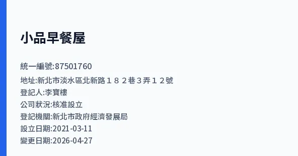 小品早餐屋的照片-統編 87501760(新北市) 公司登記資料與營業項目詳細圖表