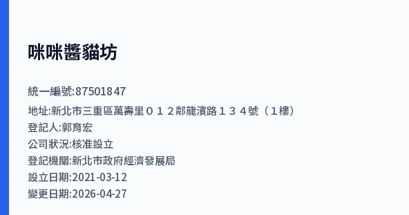 咪咪醬貓坊的照片-統編 87501847(新北市) 公司登記資料與營業項目詳細圖表