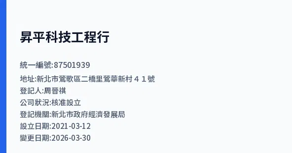 昇平科技工程行的照片-統編 87501939(新北市) 公司登記資料與營業項目詳細圖表