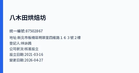 八木田烘焙坊的照片-統編 87502867(新北市) 公司登記資料與營業項目詳細圖表