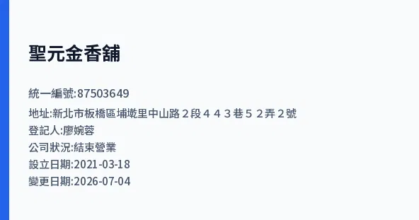 聖元金香舖的照片-統編 87503649(新北市) 公司登記資料與營業項目詳細圖表