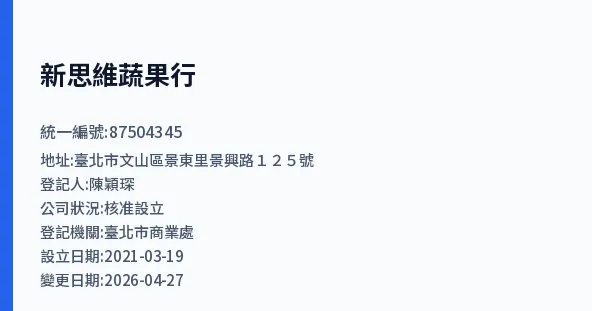 新思維蔬果行的照片-統編 87504345(臺北市) 公司登記資料與營業項目詳細圖表
