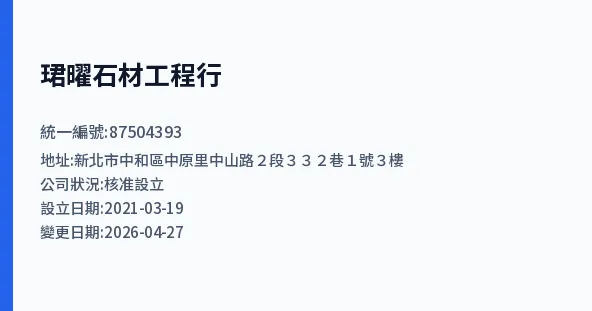 珺曜石材工程行的照片-統編 87504393(新北市) 公司登記資料與營業項目詳細圖表