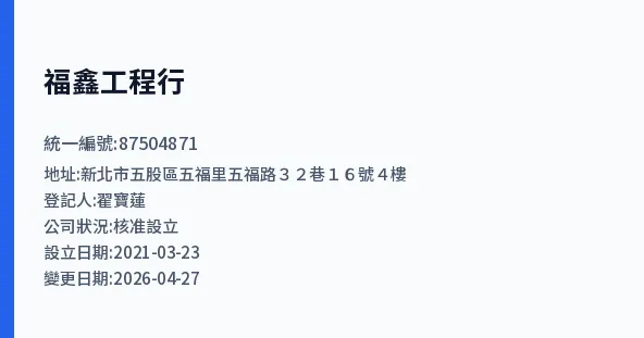 福鑫工程行的照片-統編 87504871(新北市) 公司登記資料與營業項目詳細圖表