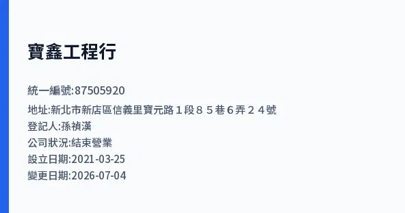 寶鑫工程行的照片-統編 87505920(新北市) 公司登記資料與營業項目詳細圖表