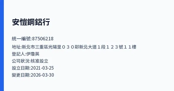 安愷鋼鋁行的照片-統編 87506218(新北市) 公司登記資料與營業項目詳細圖表