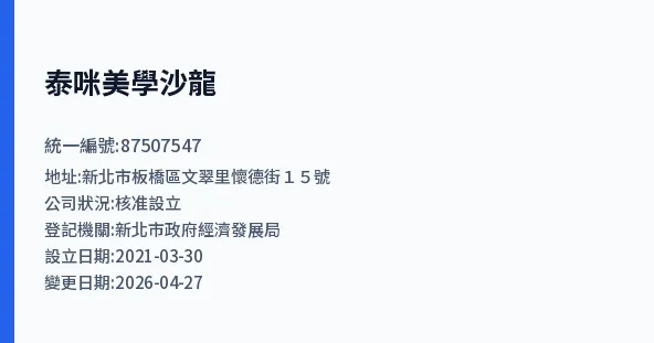 泰咪美學沙龍的照片-統編 87507547(新北市) 公司登記資料與營業項目詳細圖表