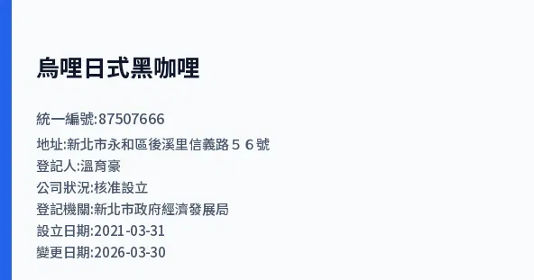 烏哩日式黑咖哩的照片-統編 87507666(新北市) 公司登記資料與營業項目詳細圖表