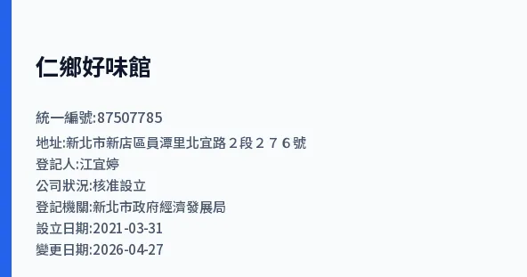 仁鄉好味館的照片-統編 87507785(新北市) 公司登記資料與營業項目詳細圖表