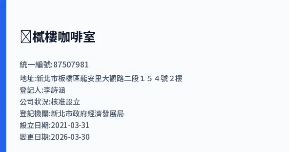 㡯樲樓咖啡室的照片-統編 87507981(新北市) 公司登記資料與營業項目詳細圖表
