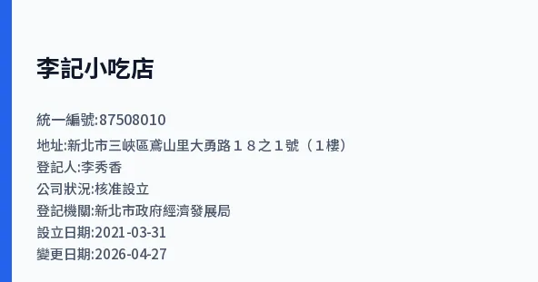 李記小吃店的照片-統編 87508010(新北市) 公司登記資料與營業項目詳細圖表