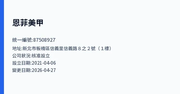 恩菲美甲的照片-統編 87508927(新北市) 公司登記資料與營業項目詳細圖表