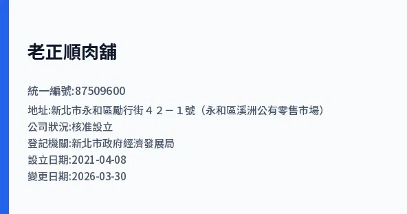 老正順肉舖的照片-統編 87509600(新北市) 公司登記資料與營業項目詳細圖表