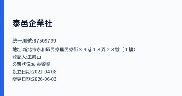 泰邑企業社的照片-統編 87509799(新北市) 公司登記資料與營業項目詳細圖表