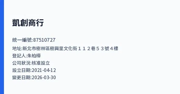 凱創商行的照片-統編 87510727(新北市) 公司登記資料與營業項目詳細圖表