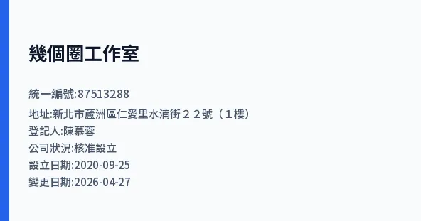 幾個圈工作室的照片-統編 87513288(新北市) 公司登記資料與營業項目詳細圖表