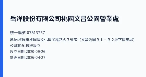岳洋股份有限公司桃園文昌公園營業處的照片-統編 87513787(桃園市) 公司登記資料與營業項目詳細圖表