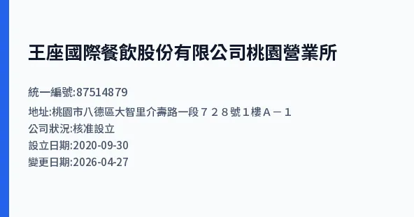 王座國際餐飲股份有限公司桃園營業所的照片-統編 87514879(桃園市) 公司登記資料與營業項目詳細圖表