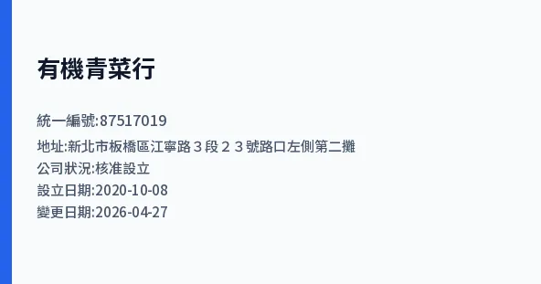 有機青菜行的照片-統編 87517019(新北市) 公司登記資料與營業項目詳細圖表