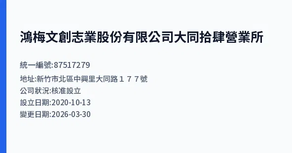 鴻梅文創志業股份有限公司大同拾肆營業所的照片-統編 87517279(新竹市) 公司登記資料與營業項目詳細圖表
