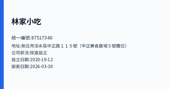 林家小吃的照片-統編 87517340(新北市) 公司登記資料與營業項目詳細圖表