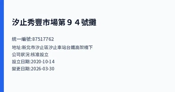 汐止秀豐市場第94號攤的照片-統編 87517762(新北市) 公司登記資料與營業項目詳細圖表
