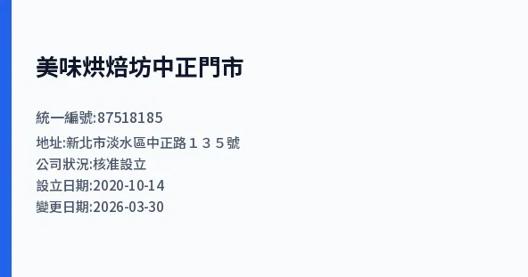 美味烘焙坊中正門市的照片-統編 87518185(新北市) 公司登記資料與營業項目詳細圖表