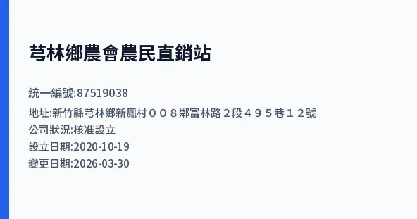 芎林鄉農會農民直銷站的照片-統編 87519038(新竹縣) 公司登記資料與營業項目詳細圖表