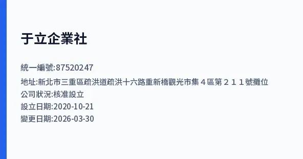 于立企業社的照片-統編 87520247(新北市) 公司登記資料與營業項目詳細圖表