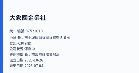大象國企業社的照片-統編 87521013(新北市) 公司登記資料與營業項目詳細圖表