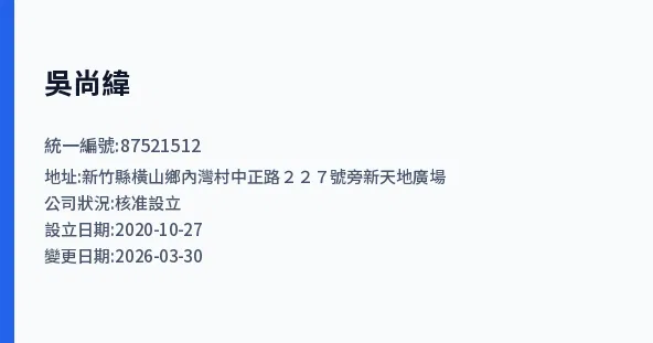 吳尚緯的照片-統編 87521512(新竹縣) 公司登記資料與營業項目詳細圖表