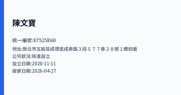 陳文寶的照片-統編 87525860(新北市) 公司登記資料與營業項目詳細圖表