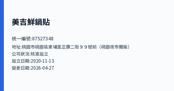 美吉鮮鍋貼的照片-統編 87527348(桃園市) 公司登記資料與營業項目詳細圖表