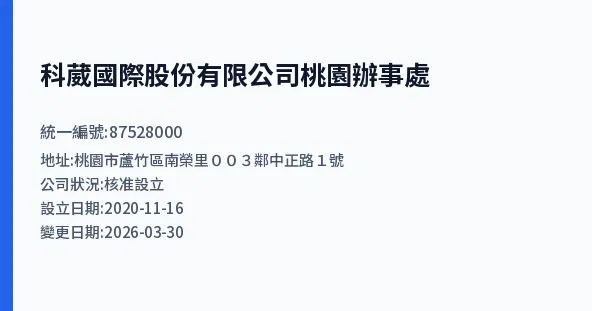 科葳國際股份有限公司桃園辦事處的照片-統編 87528000(桃園市) 公司登記資料與營業項目詳細圖表