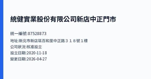統健實業股份有限公司新店中正門市的照片-統編 87528873(新北市) 公司登記資料與營業項目詳細圖表