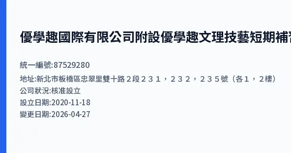 優學趣國際有限公司附設優學趣文理技藝短期補習班的照片-統編 87529280(新北市) 公司登記資料與營業項目詳細圖表