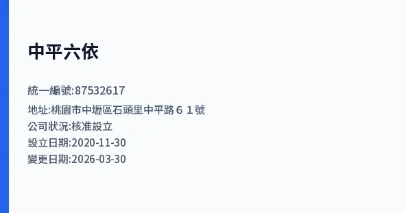 中平六依的照片-統編 87532617(桃園市) 公司登記資料與營業項目詳細圖表